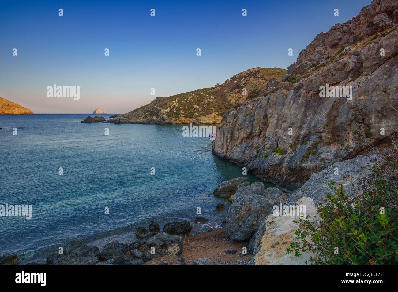 View of the famous rocky beach Melidoni in Kythira island at sunset ...