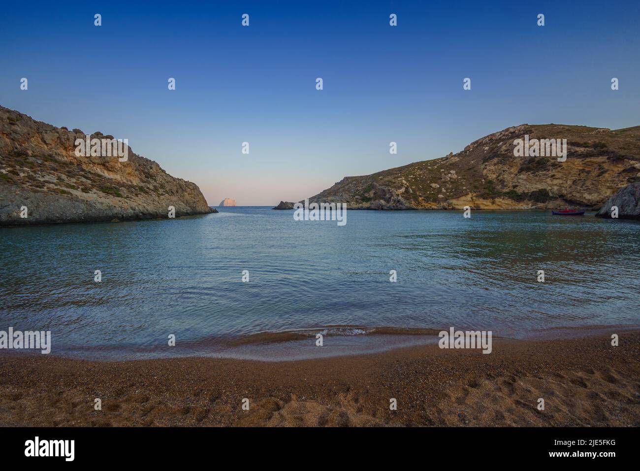 View of the famous rocky beach Melidoni in Kythira island at sunset ...