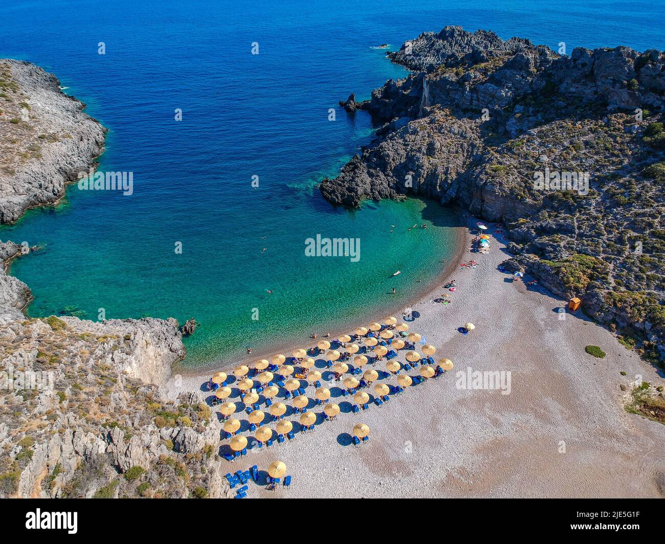 Aerial panoramic view of the famous rocky beach Chalkos in Kythira ...