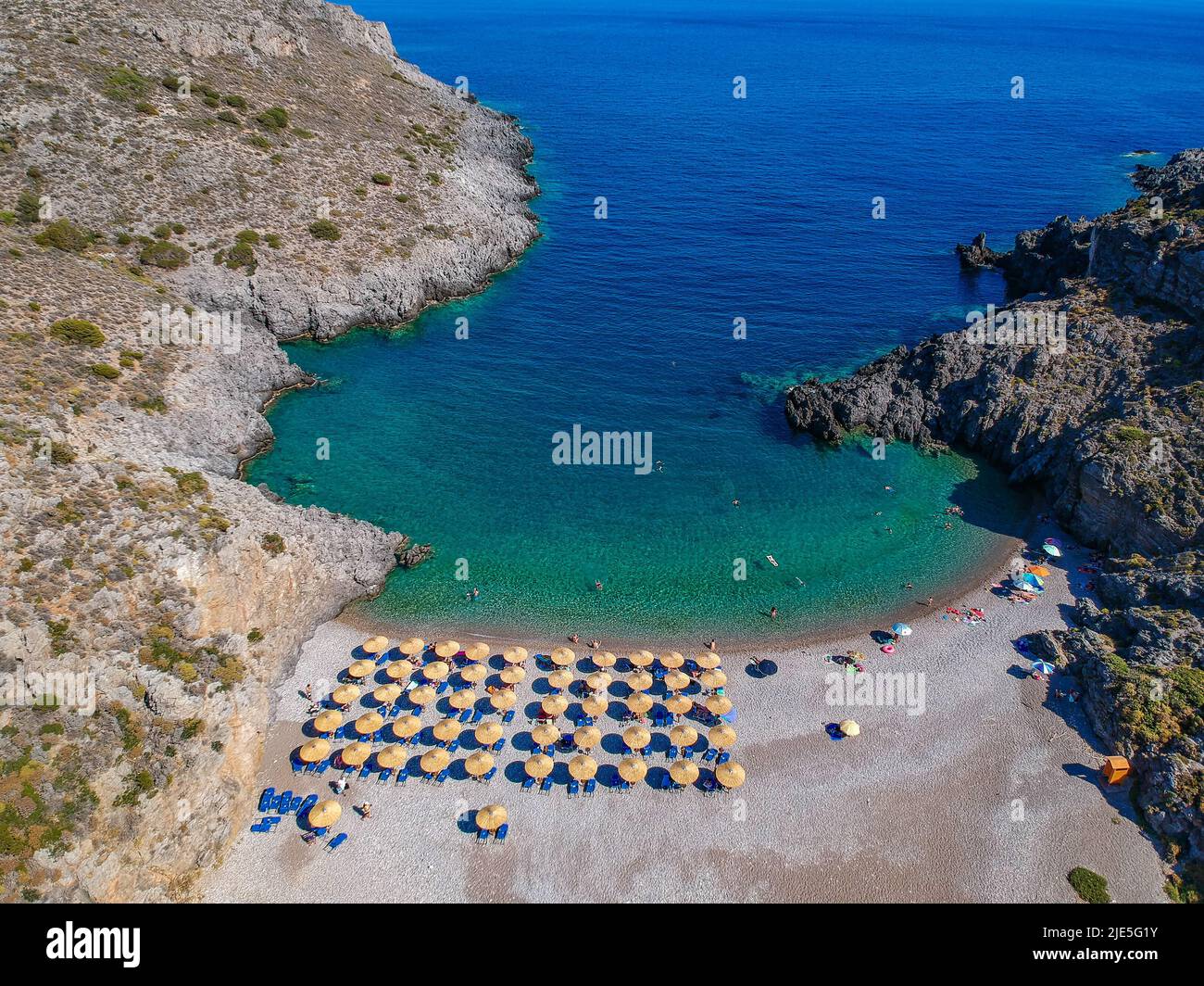 Aerial panoramic view of the famous rocky beach Chalkos in Kythira ...