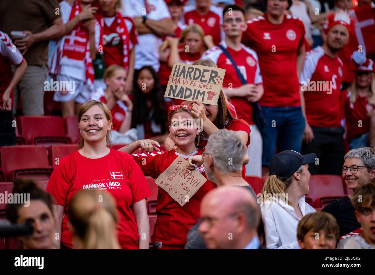 Copenhagen, Denmark. 24th June, 2022. Danish football fans in red and ...