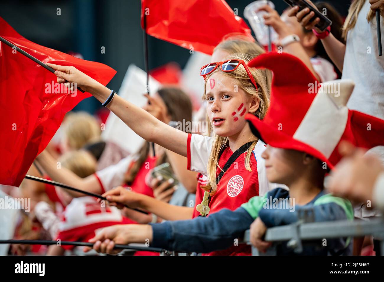 Copenhagen, Denmark. 24th June, 2022. Danish football fans in red and ...
