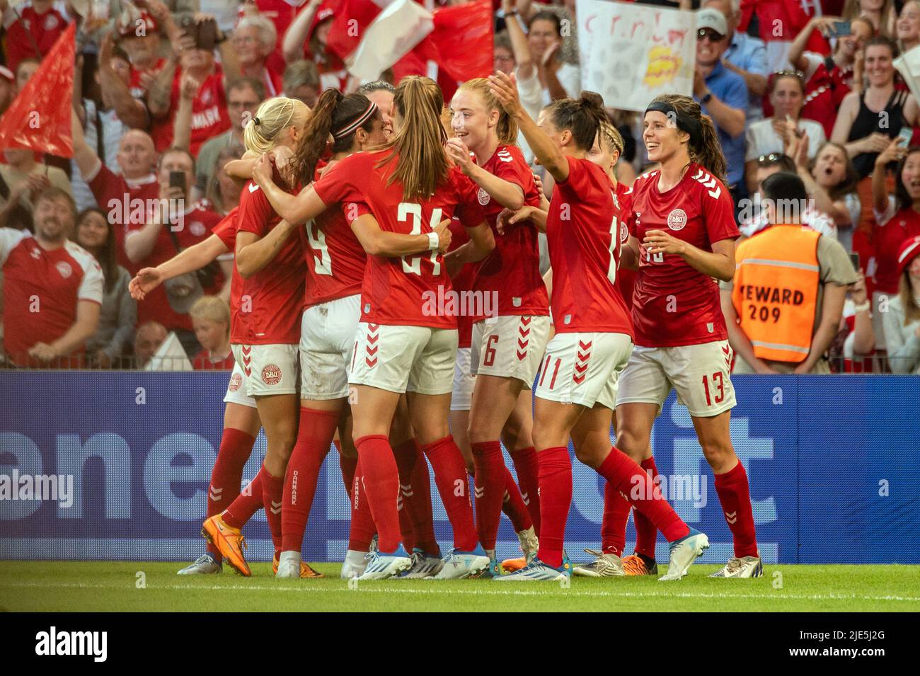 Copenhagen, Denmark. 24th June, 2022. The players of Denmark celebrate ...
