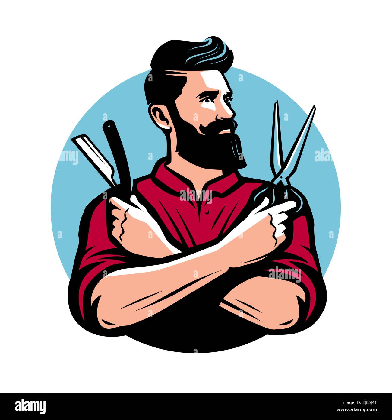 Barber bearded man with barbershop tools scissors and shaving blade ...