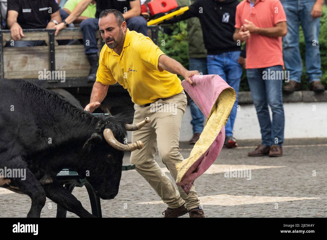 A participant escapes a raging bull as the crowd looks on during a ...