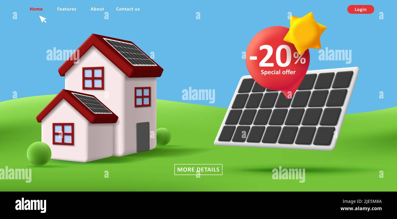 Web banner with discount on sun energy panels with 3d illustration of ...