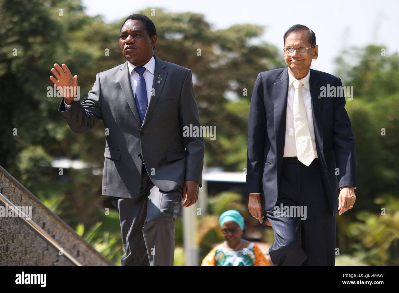 President of Zambia Hakainde Hichilema (left) arrives for the Leaders ...