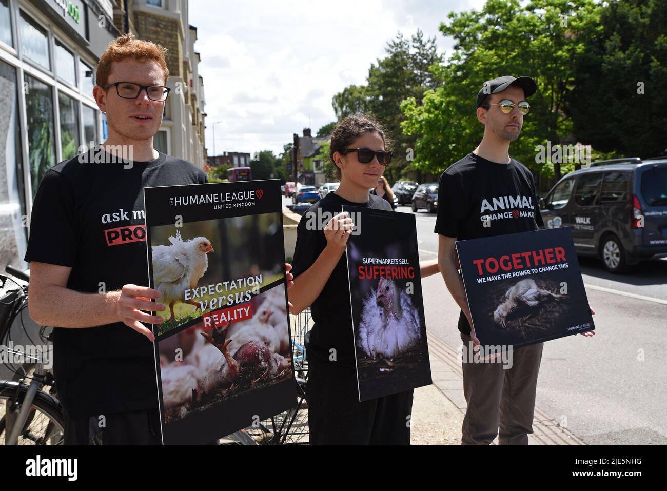 Oxford, UK. 25th June 2022. Humane League UK members protest outside an ...