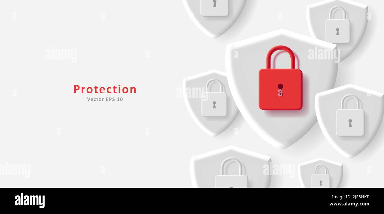 Web background with red padlock and 3d white shields, digital ...