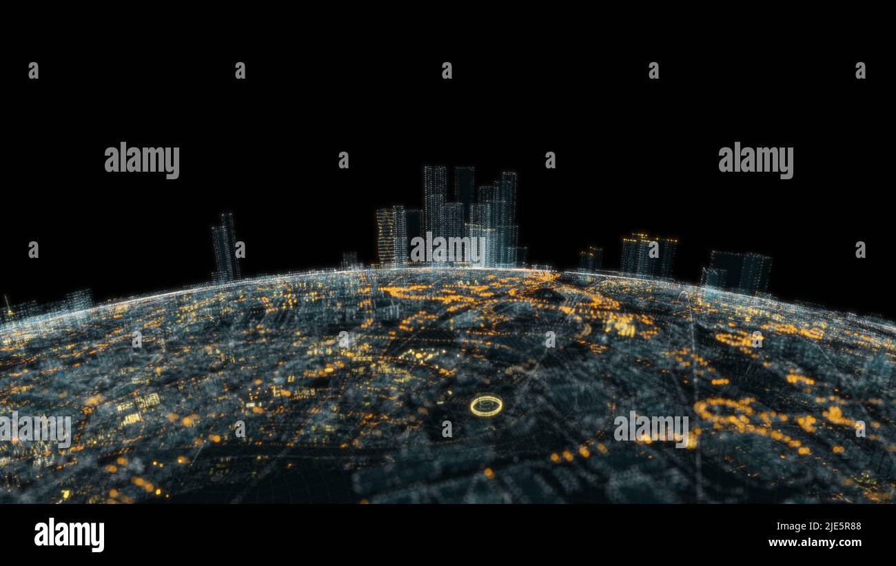 Spectacular aerial view of 3d city with bright glowing roads Stock ...