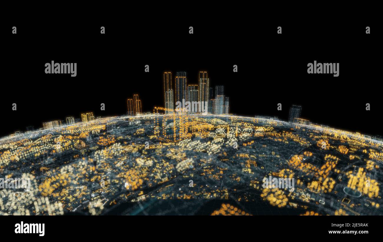 Spectacular aerial view of 3d city with bright glowing roads Stock ...