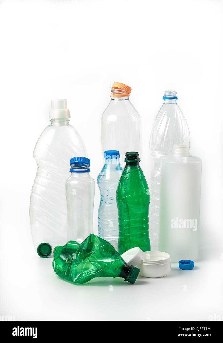 Plastic ready to recycle, isolated on white background. Used empty PET ...