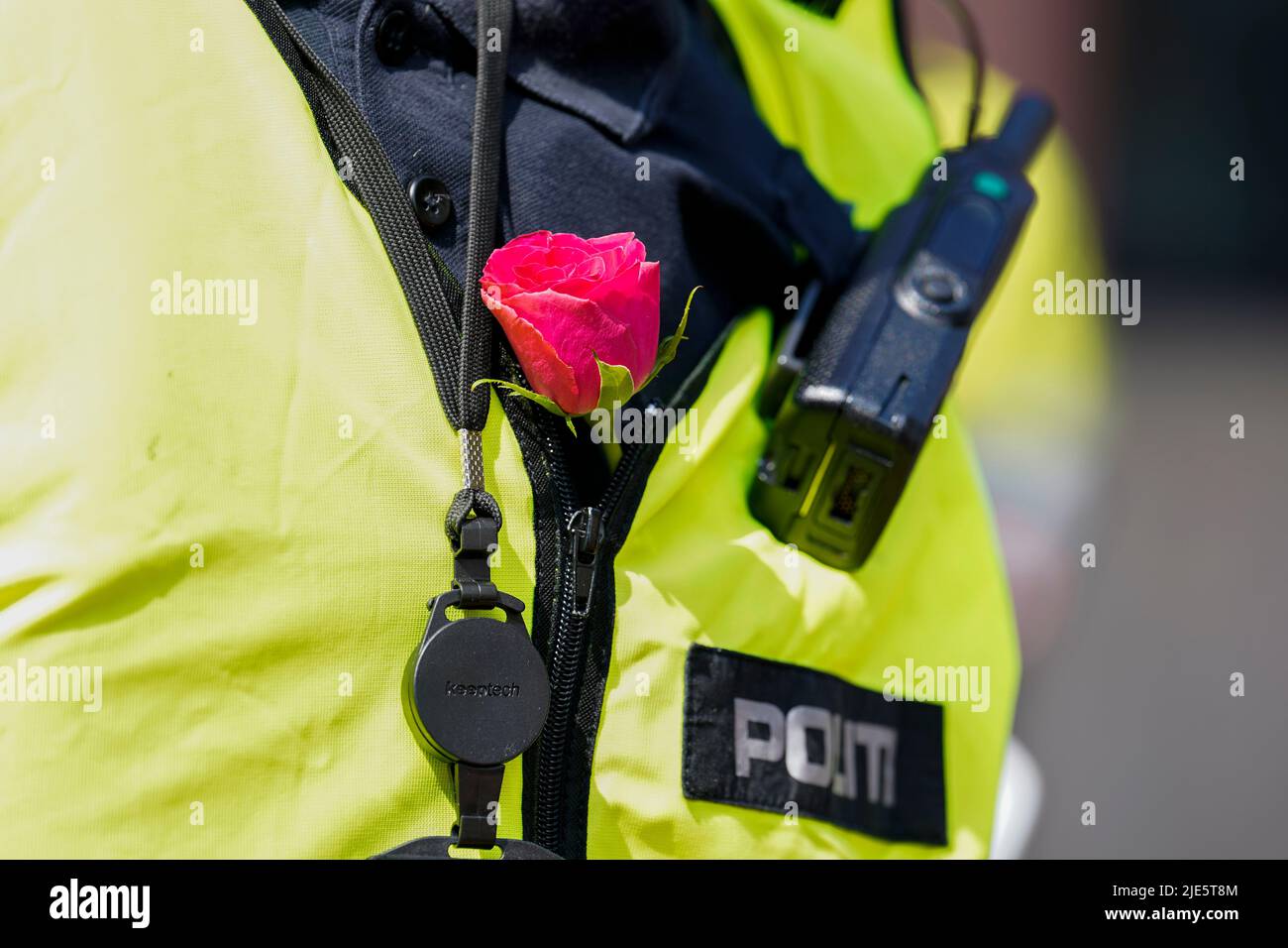 Oslo 20220625.A police officer with a flower in his jacket, at the ...