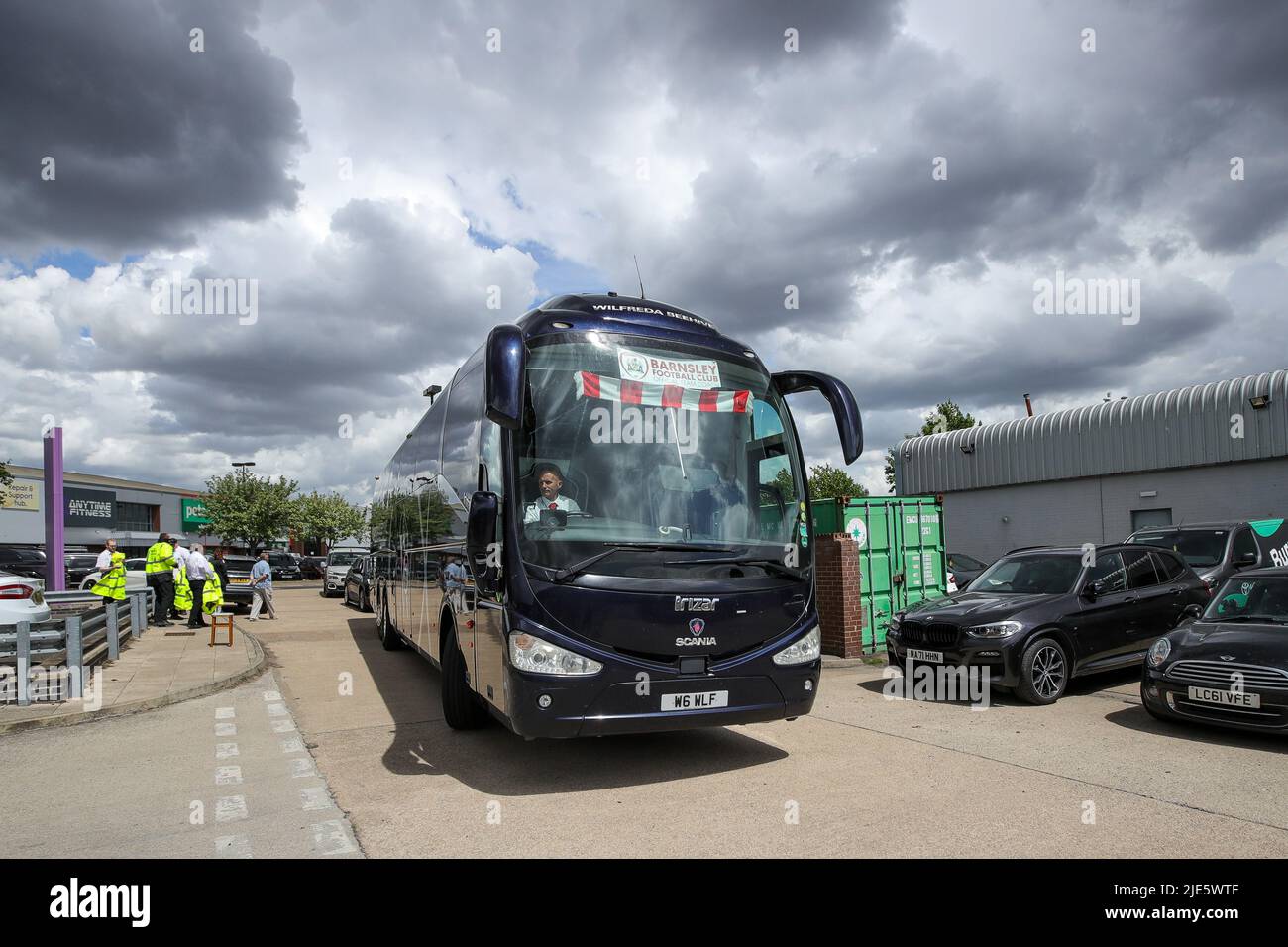 The Barnsley team bus arrives at Sandy Lane Stadium ahead of this ...