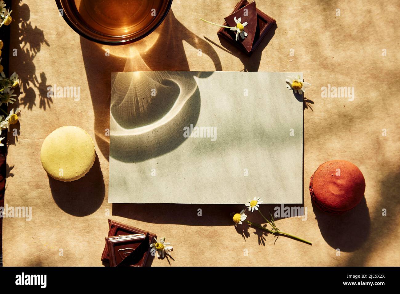 Aesthetic tea time, herbal tea and macarons dessert outside in the ...