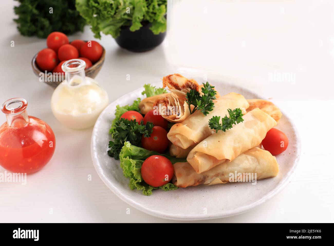 Deep Fried Spring Rolls, Popular as Lumpia or Popia. Served on White ...