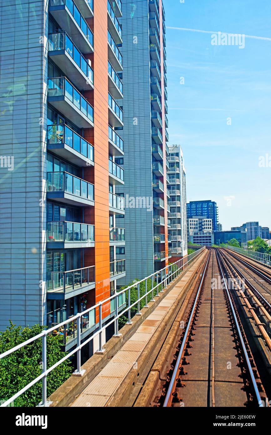 Flats at Poplar beside the Docklands Light Railway, London, England ...