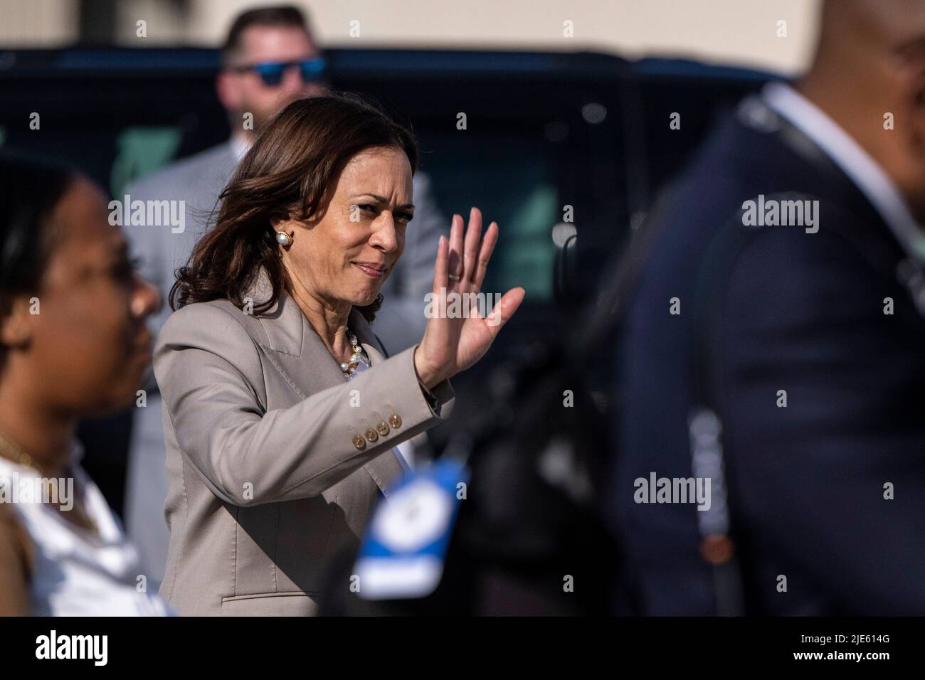 United States Vice President Kamala Harris waves as she walks towards ...