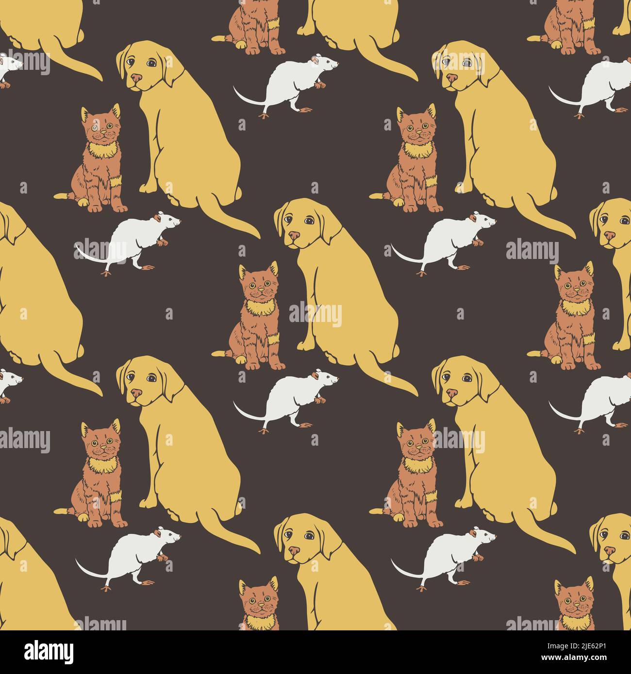 Vector seamless pattern with cat, dog and rat. Hand drawn design with ...