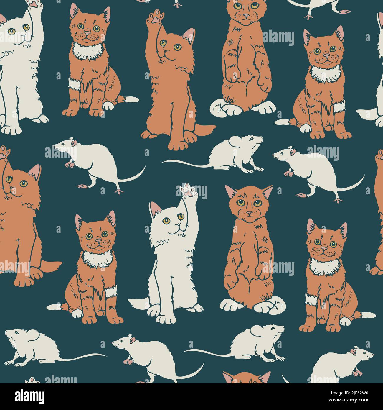 Vector seamless pattern with ginger cats and white mice and rats. Design with hand drawn animals ...
