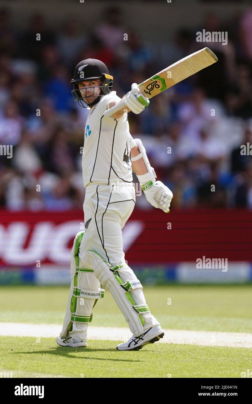 New Zealand's Tom Latham celebrates making 50 runs during day three of ...