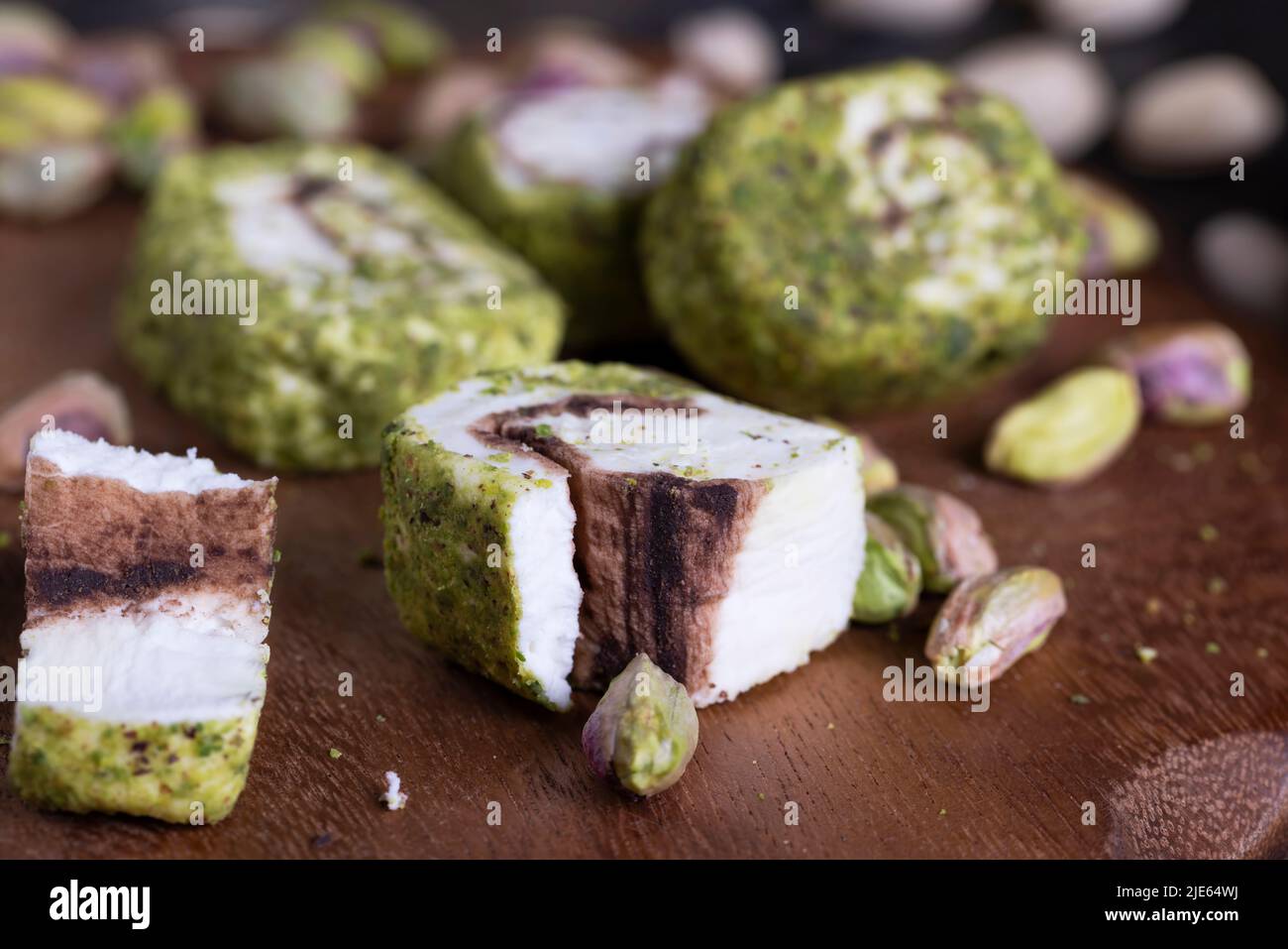 soft Turkish delight confection with pistachio nuts and chocolate ...