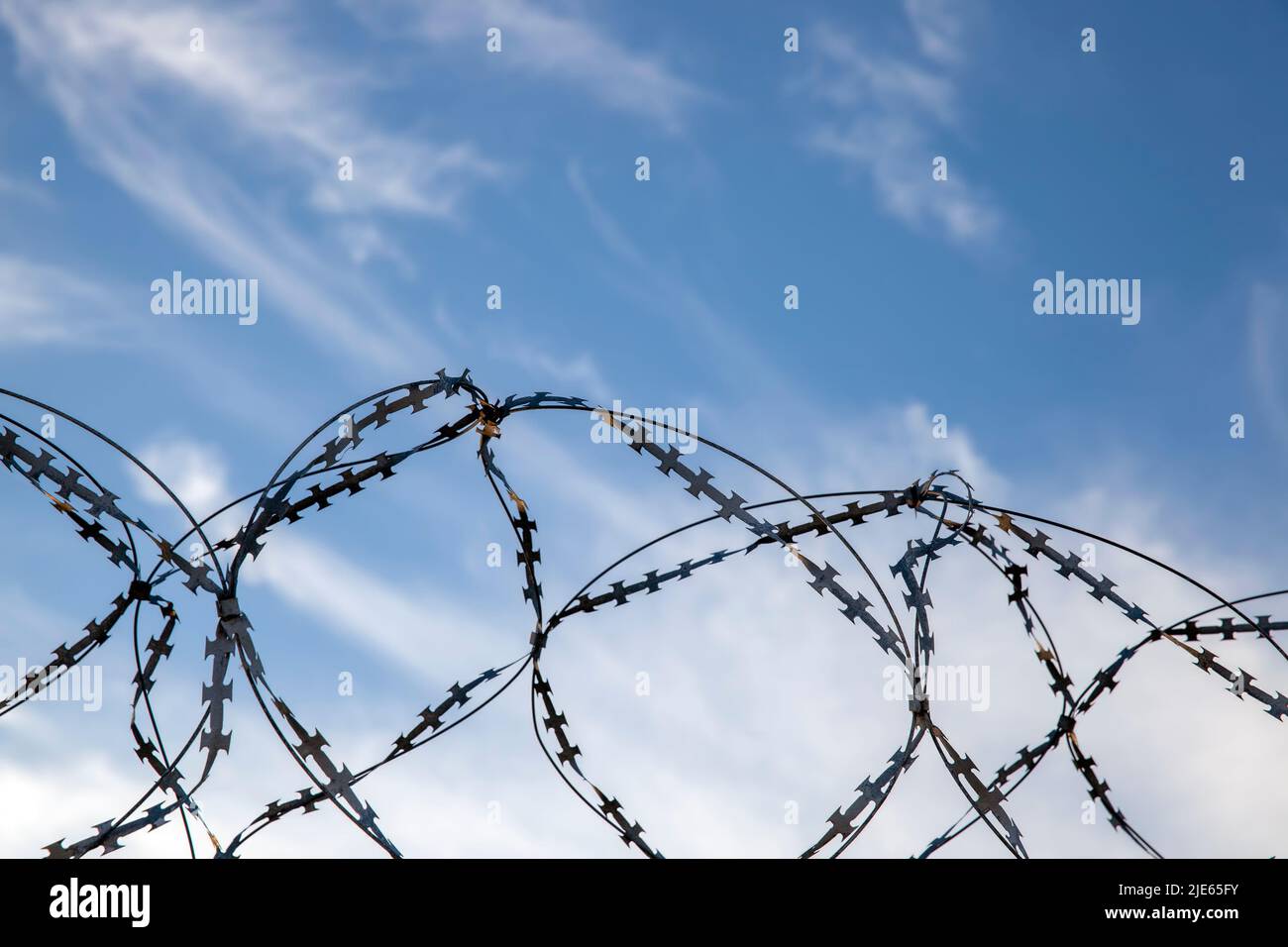 old barbed wire on the fence to protect the territory, old steel metal ...