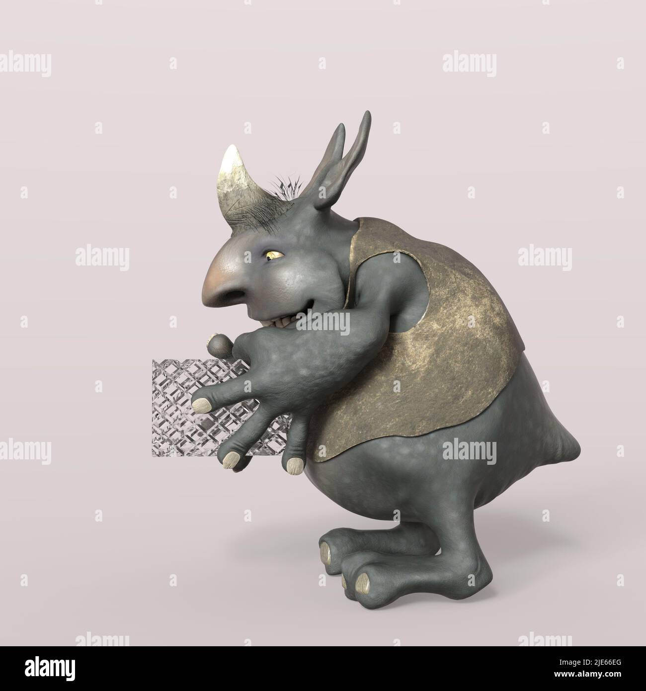 3D-illustration of a cute and funny cartoon kobold, presenting a gift ...