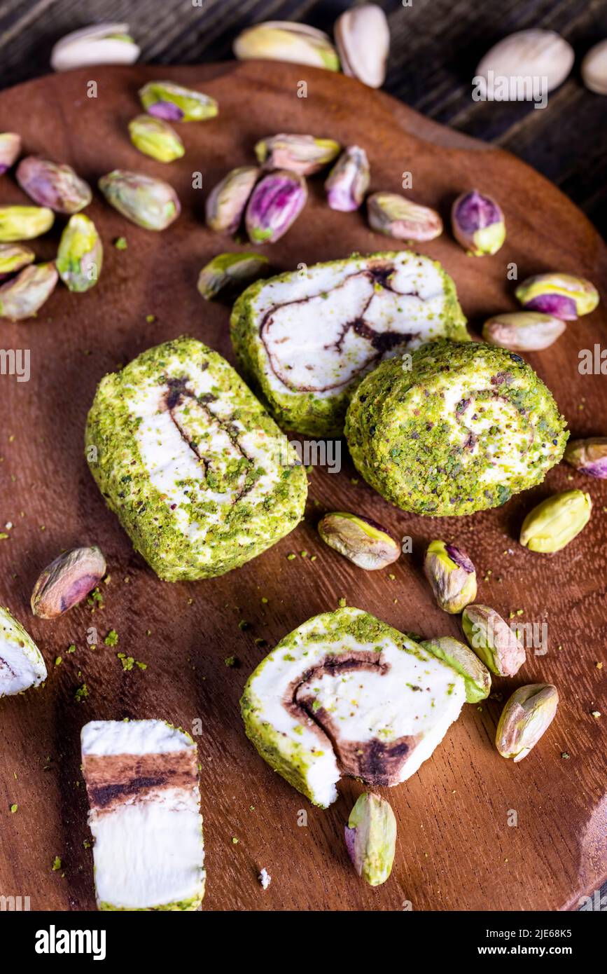 soft Turkish delight confection with pistachio nuts and chocolate ...