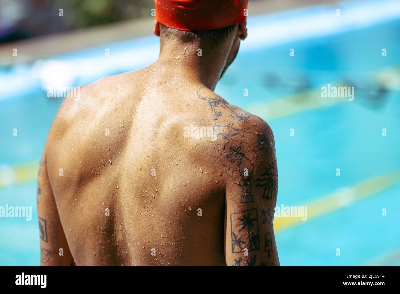 Back view of young muscular man, swimmer training alone at public ...
