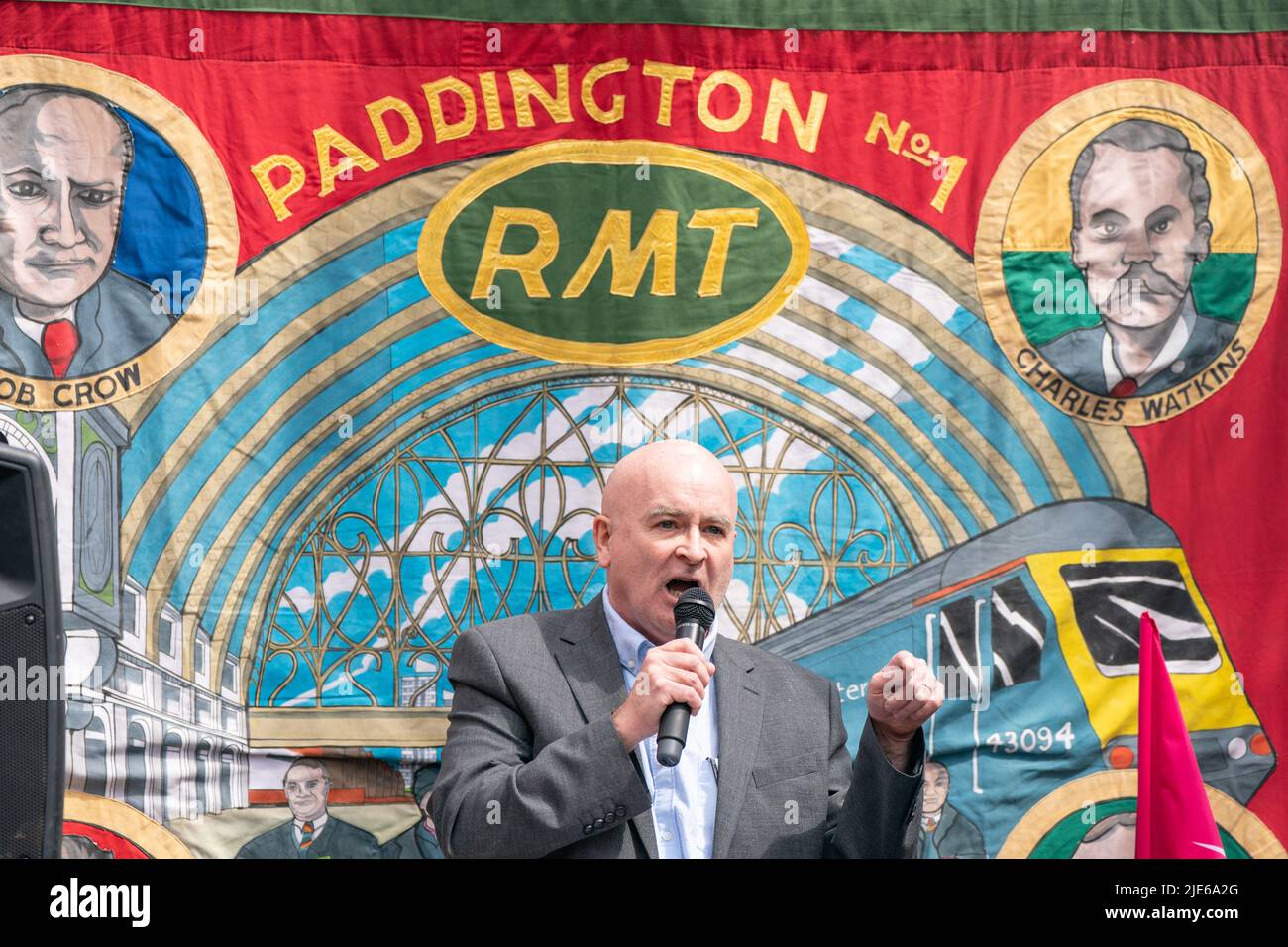 RMT general secretary, Mick Lynch speaks at a rally outside Kings Cross ...