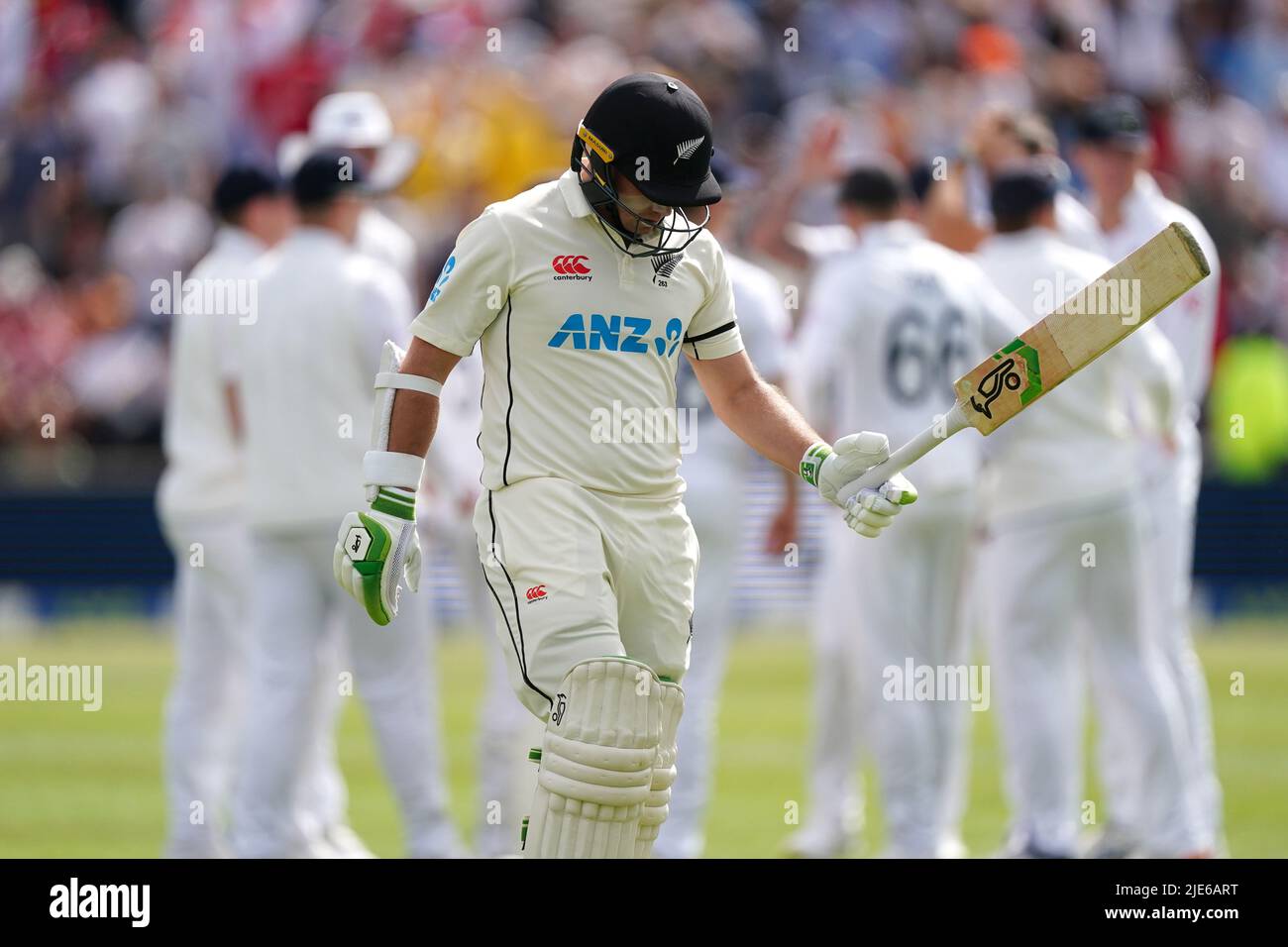 New Zealand's Tom Latham leaving the pitch being caught out during day ...