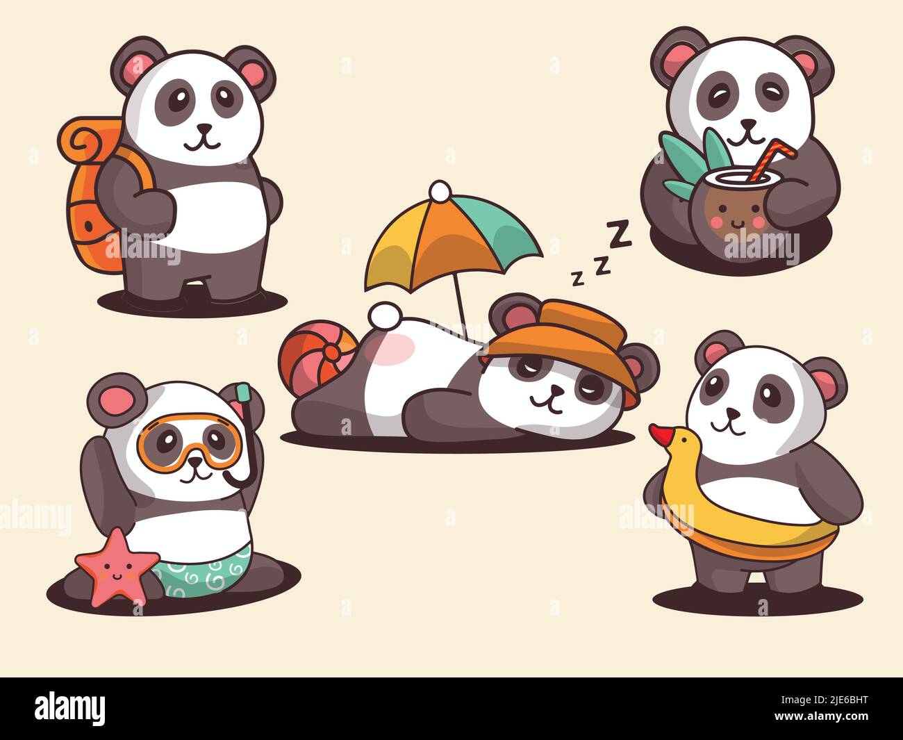Summer cute panda resting on the sea in different positions lies and ...