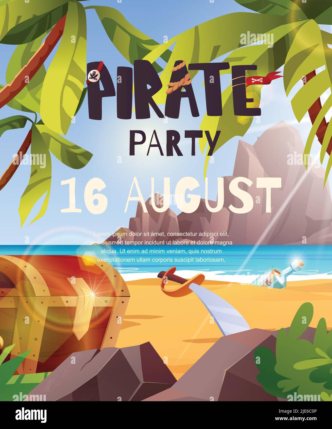 Pirates party invitation poster. Sailing pirate ship with black flags ...
