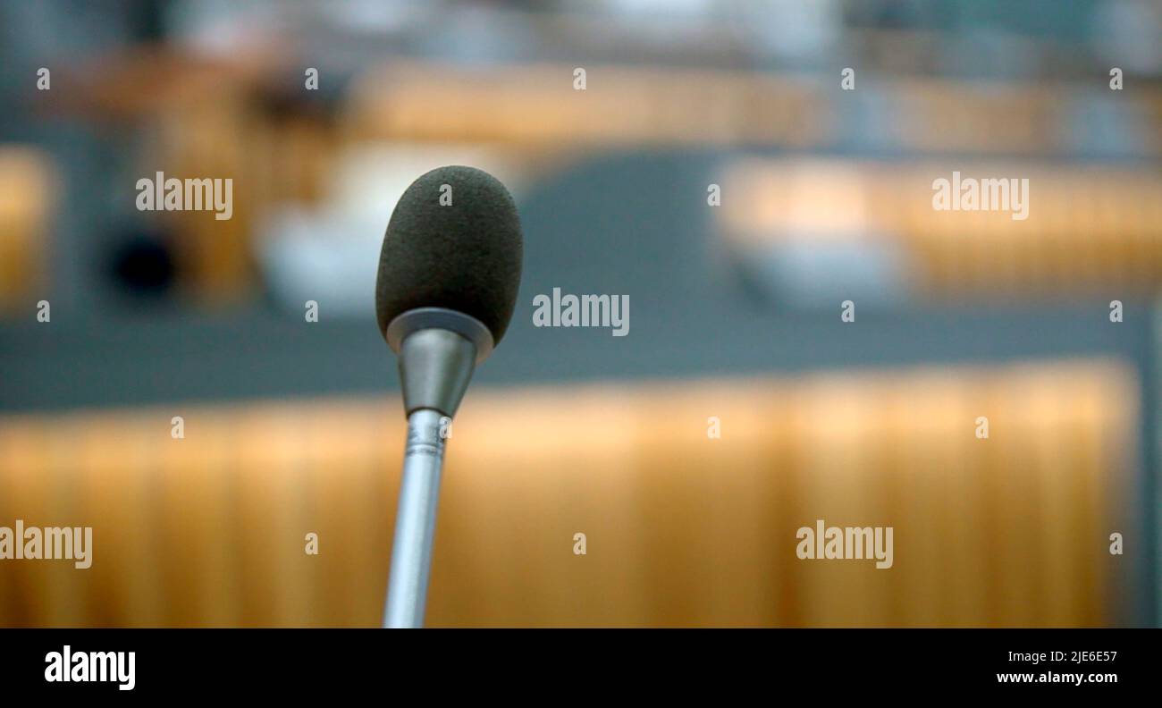 Microphone in meeting room for a conference Stock Photo - Alamy
