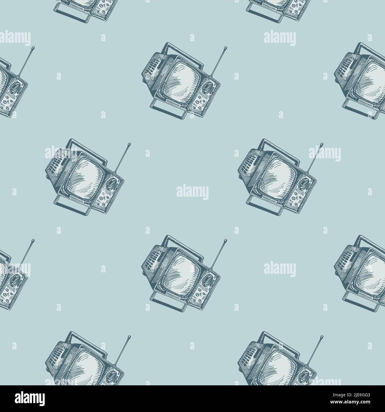 Retro TV engraved seamless pattern. Vintage television with antenna in ...