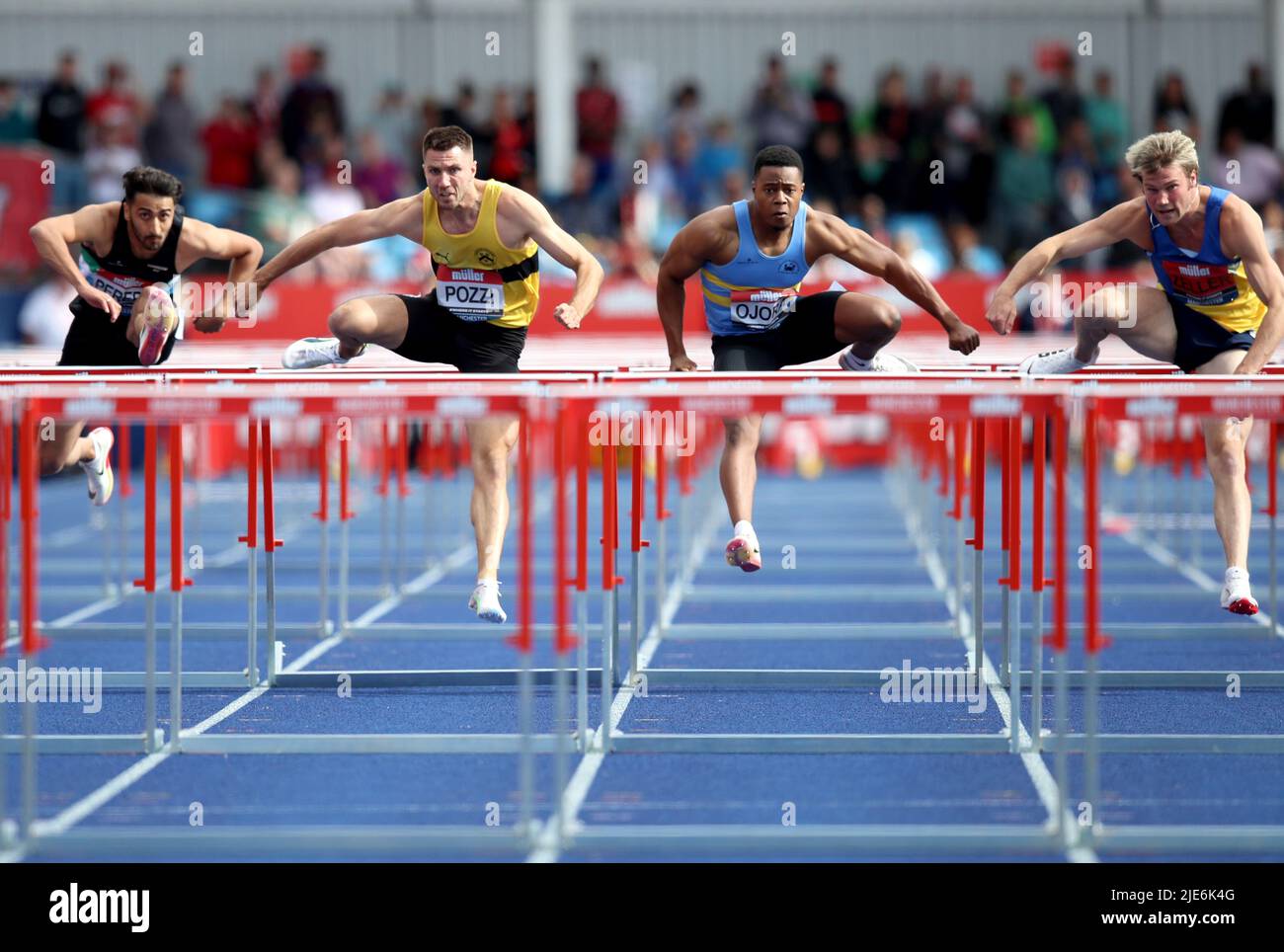 Tade Ojora in the Men’s 110m Hurdles Final during day two of the Muller ...