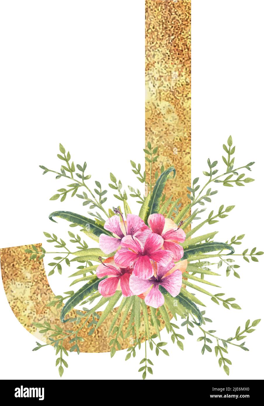 Golden letter J of the English alphabet with a watercolor bouquet of ...