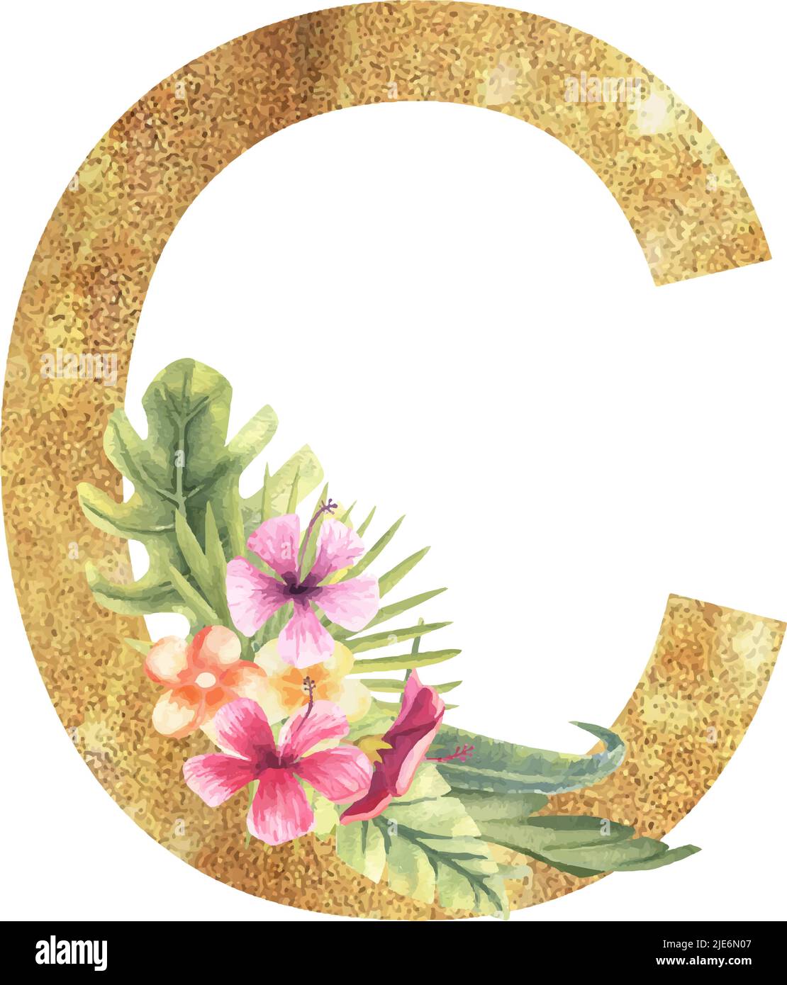 Golden letter C of the English alphabet with a watercolor bouquet of ...