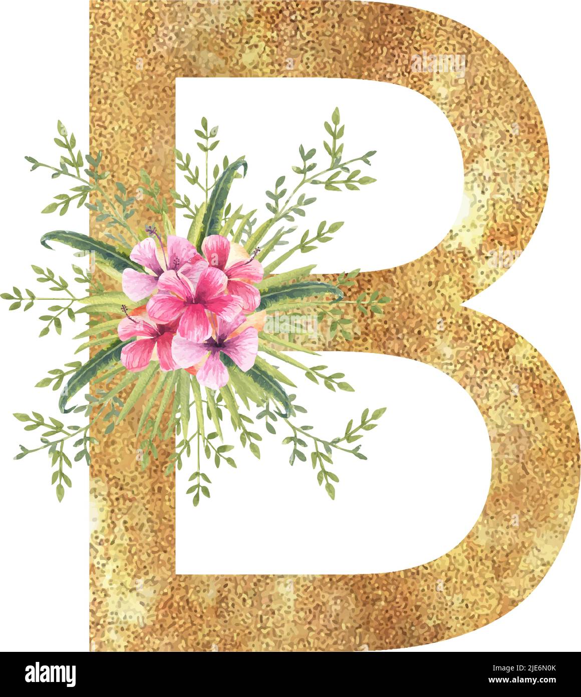 Golden letter B of the English alphabet with a watercolor bouquet of ...
