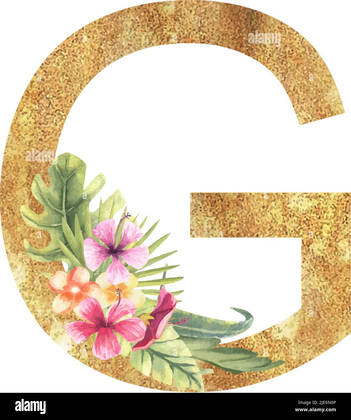 Golden letter G of the English alphabet with a watercolor bouquet of ...