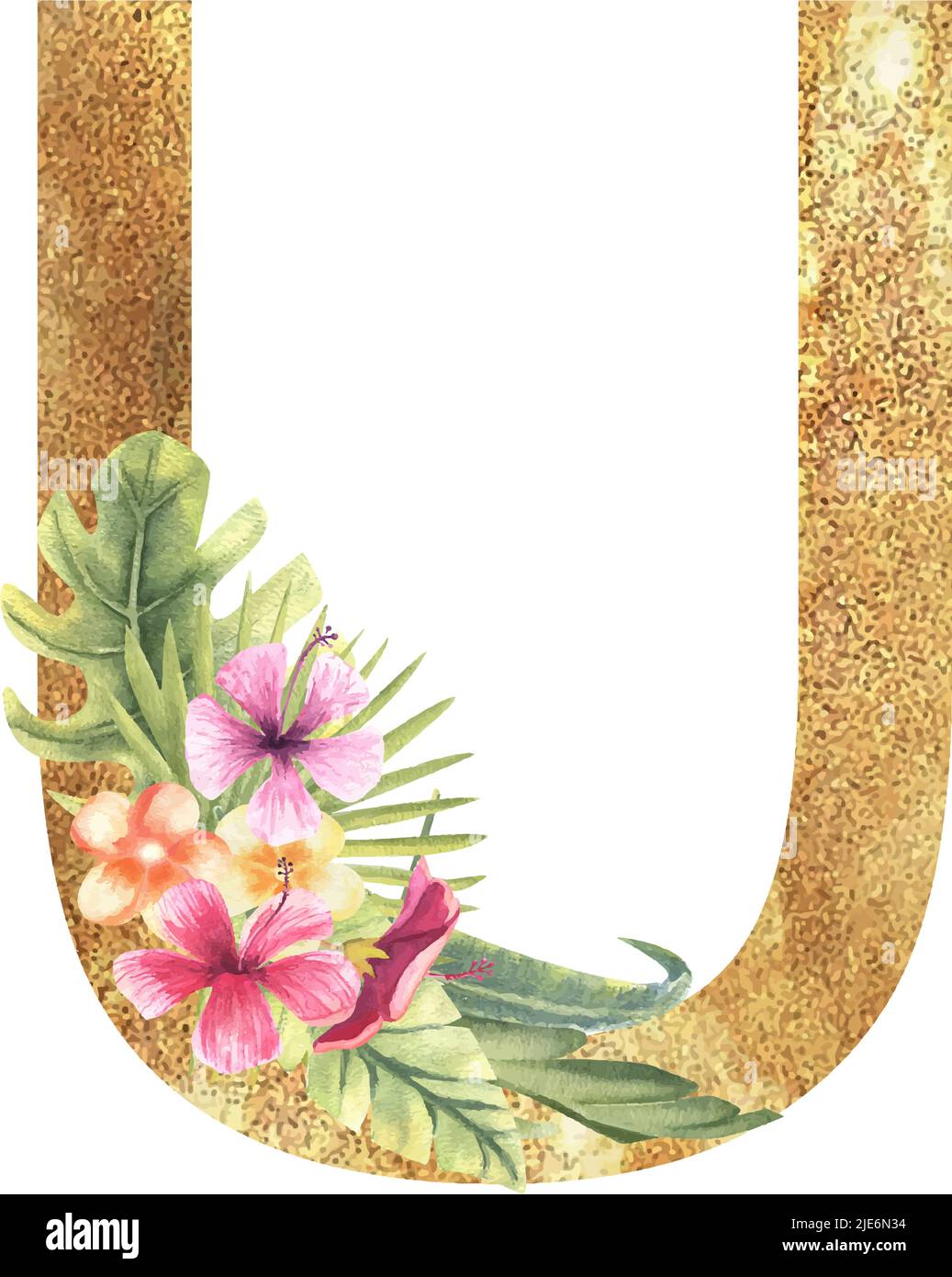 Golden letter U of the English alphabet with a watercolor bouquet of ...