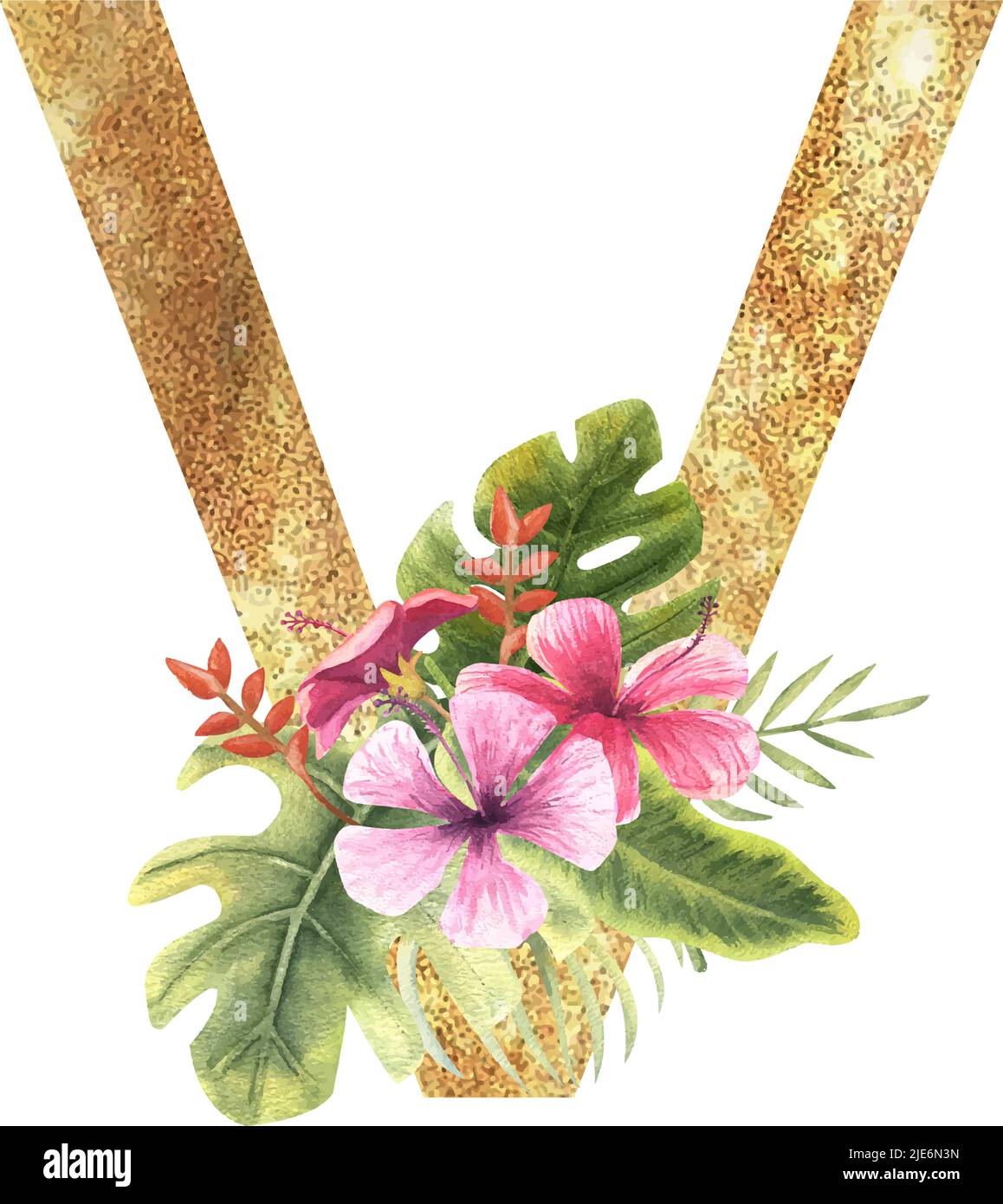 Golden letter V of the English alphabet with a watercolor bouquet of ...