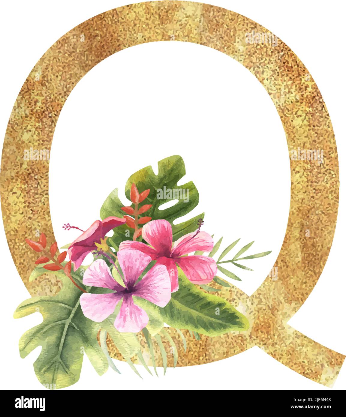 Golden letter Q of the English alphabet with a watercolor bouquet of ...