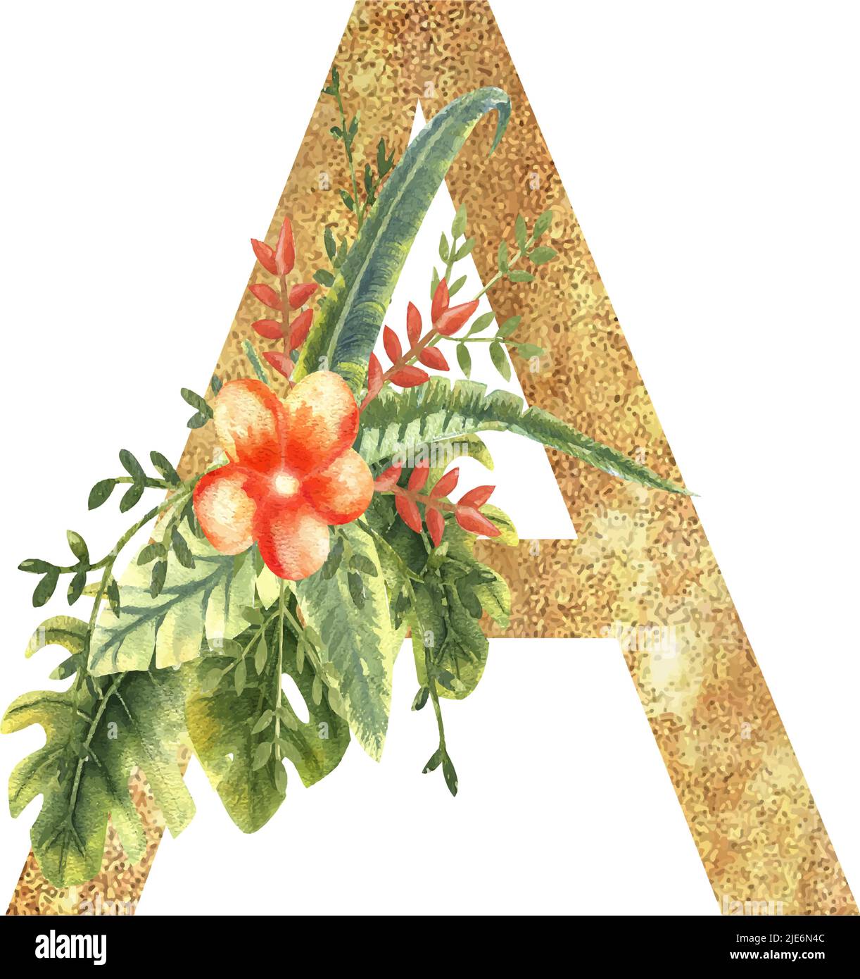 Golden letter A of the English alphabet with a watercolor bouquet of ...