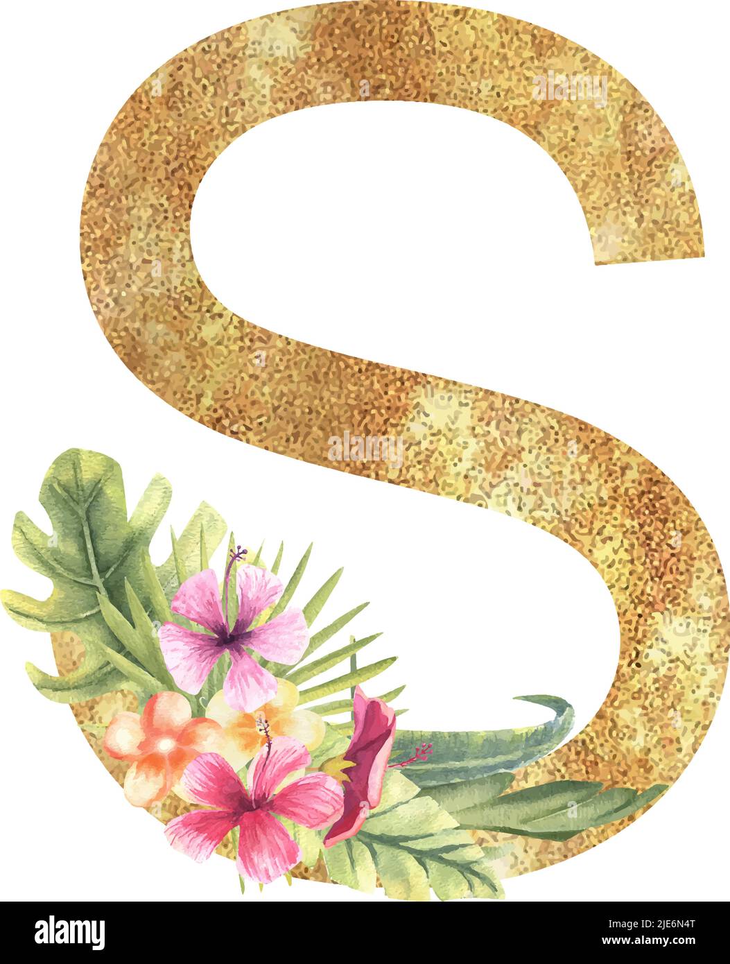 Golden letter S of the English alphabet with a watercolor bouquet of ...