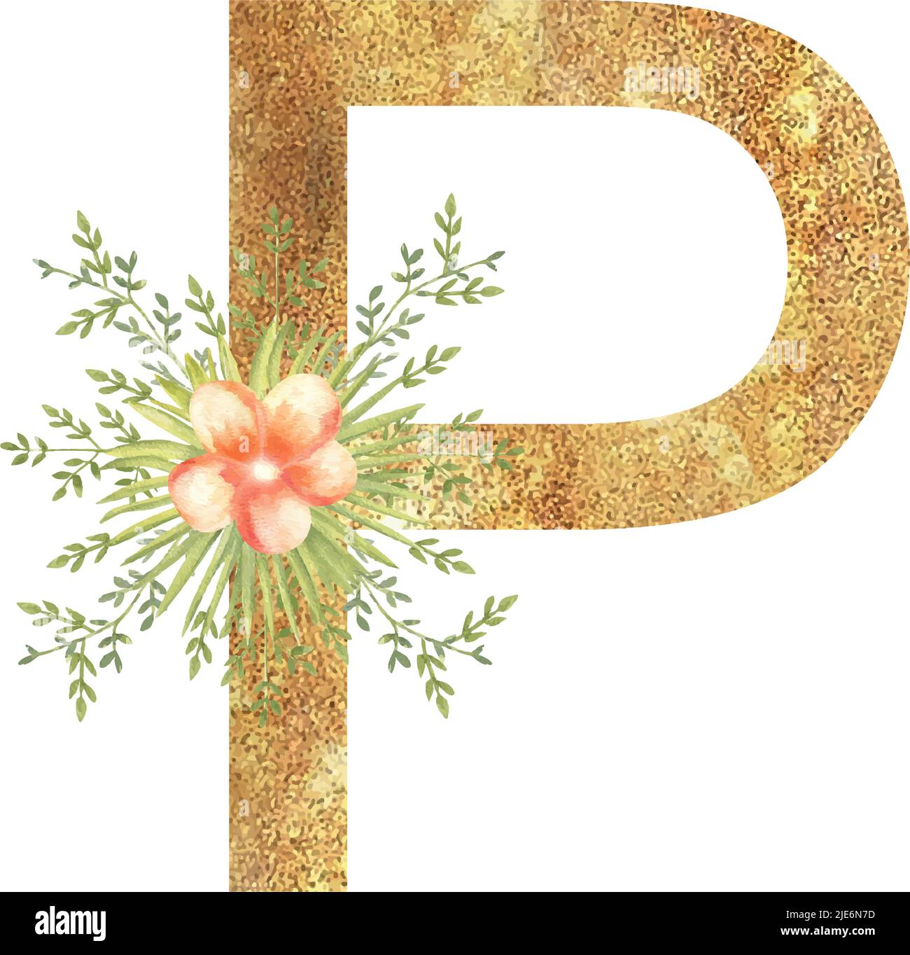Golden letter P of the English alphabet with a watercolor bouquet of ...