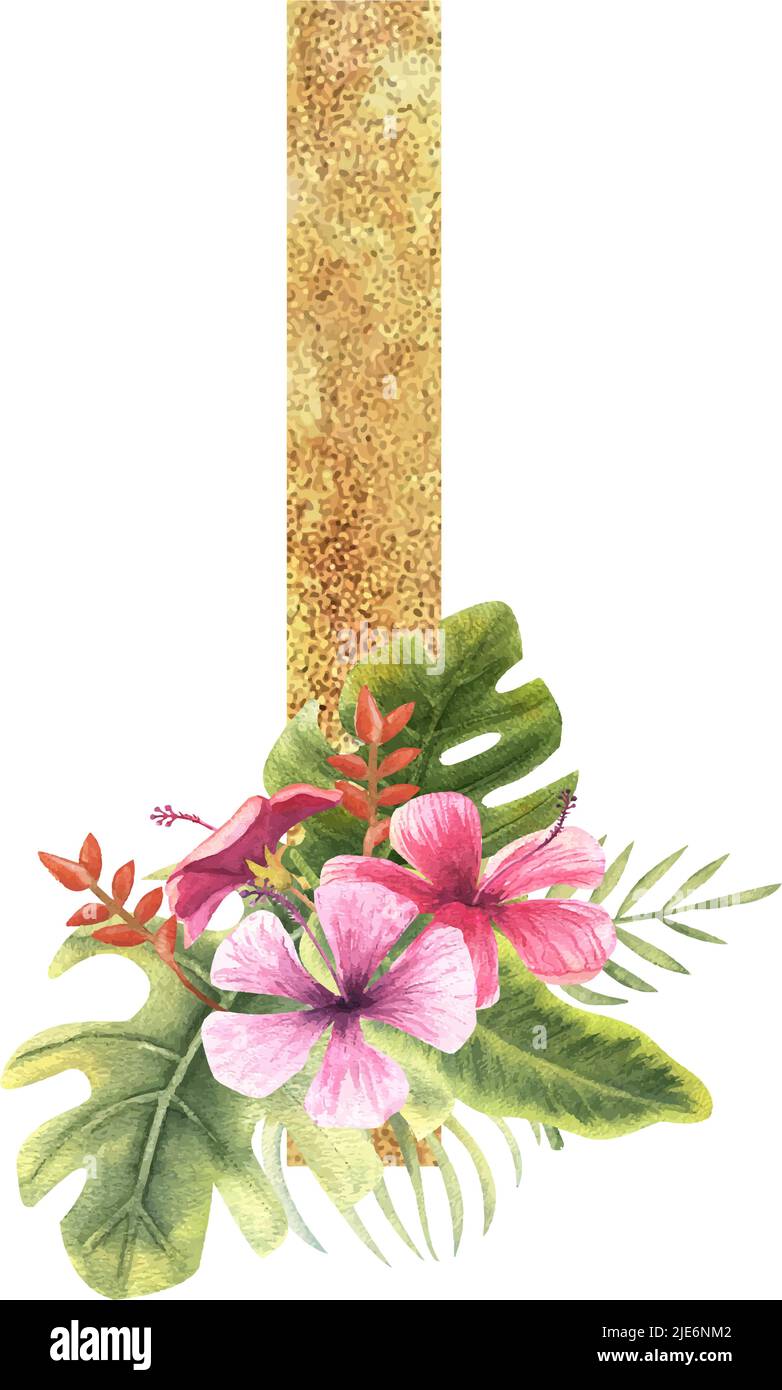 Golden letter I of the English alphabet with a watercolor bouquet of ...