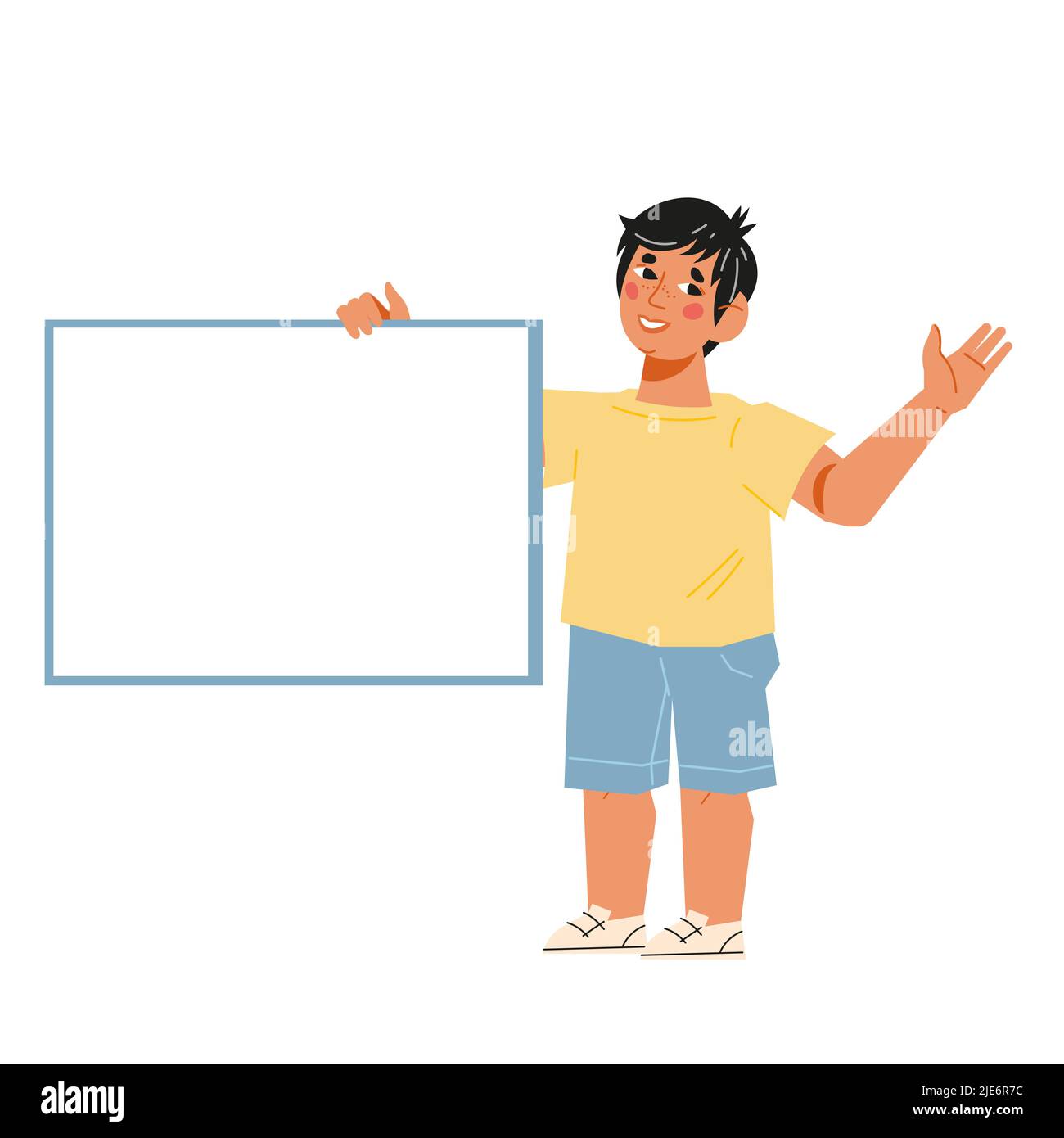 Cute little child boy with blank banner or billboard in hands, flat ...