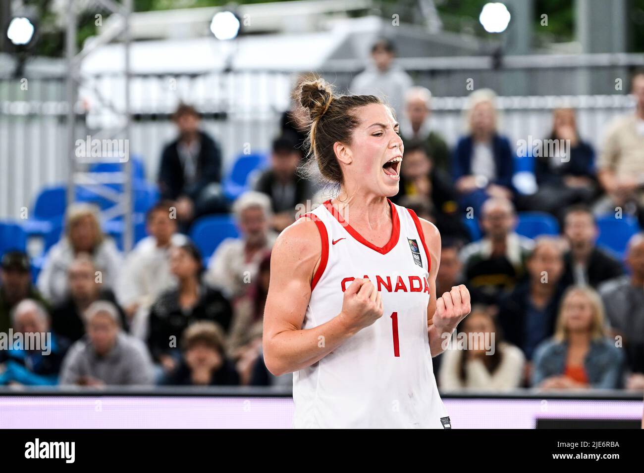 Canada's Michelle Plouffe celebrates after winning a 3x3 basketball ...